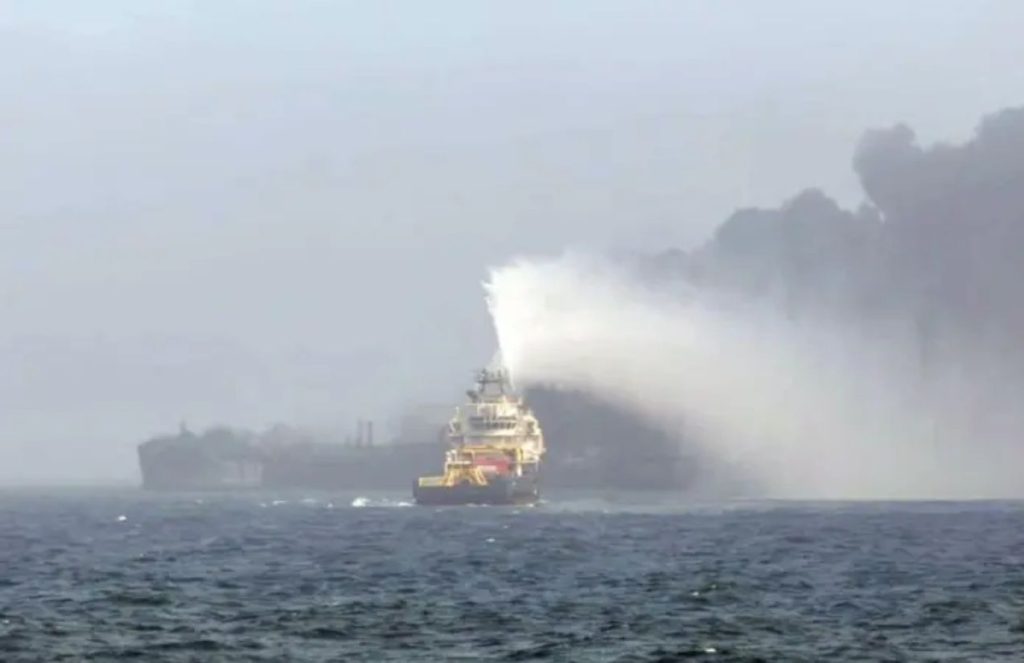 Collision between an oil tanker and a cargo ship in the North Sea, off ...